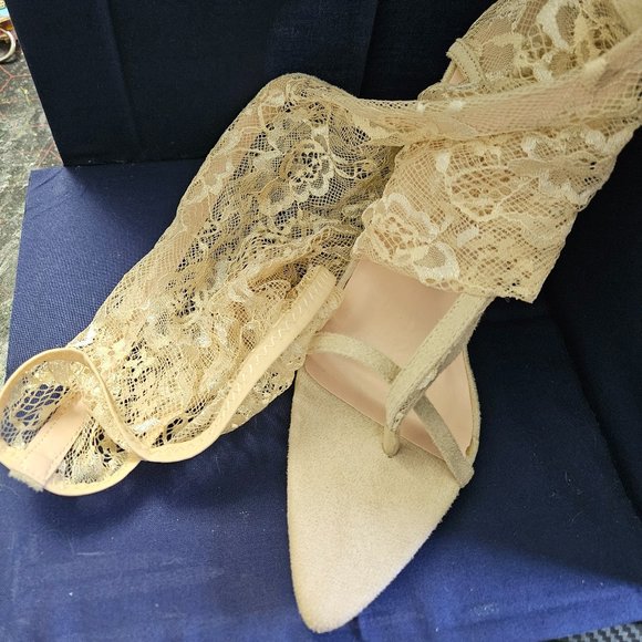 PrettyLittleThing | Shoes | Nude Lace Toe Thong Thigh High Heeled ...